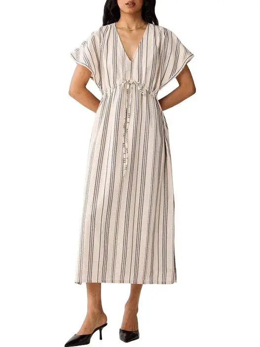REISTOR Maxi Gathered Stripe Dress With Side Slits - Linear Canvas
