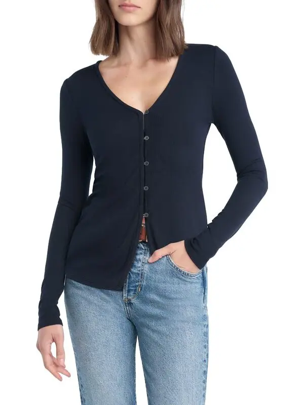 FAVORITE DAUGHTER Ribbed Button-up Top - Navy