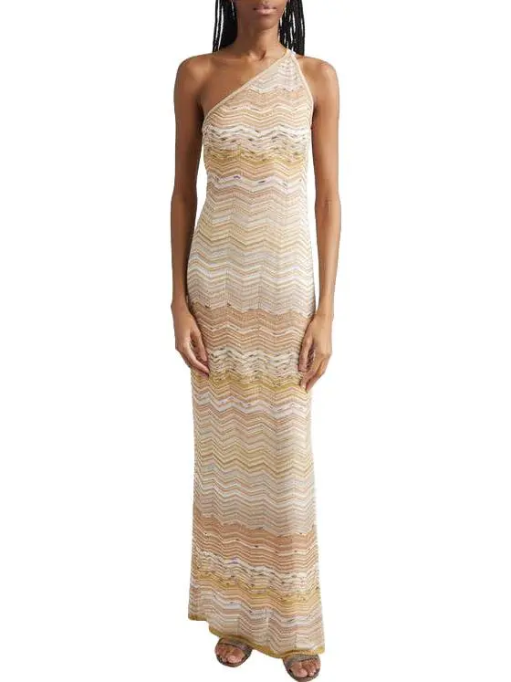 Missoni Zigzag One-shoulder Column Gown - Light Gold Tones