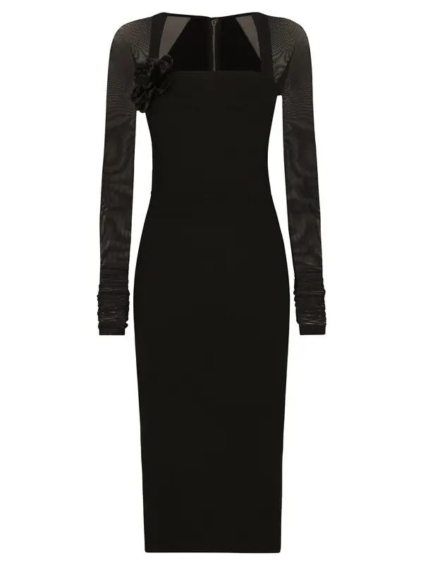 Dolce & Gabbana Jersey Calf-length Dress With Tulle Sleeves - Black