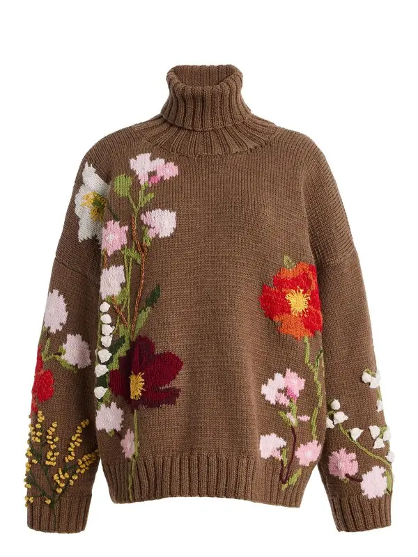 Oscar De La Renta Floral Intarsia Wool Sweater - Brown