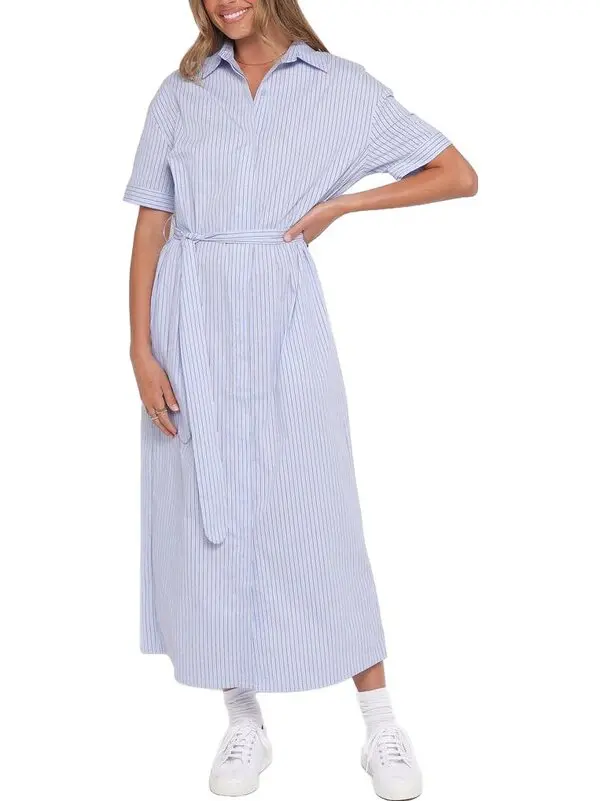 PETAL & PUP Morrison Short Sleeve Shirtdress - Blue Brown Stripe
