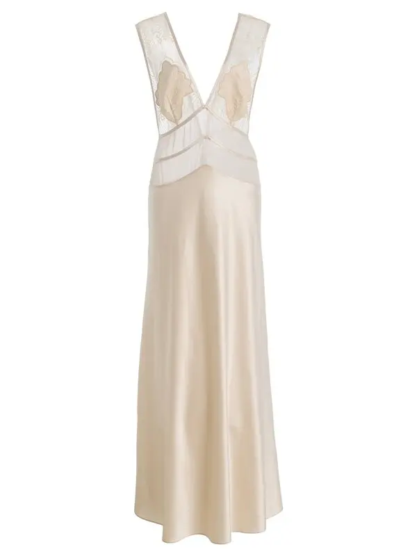 SLEEPING WITH JACQUES Pascal Lace-inset Silk Maxi Dress - Neutral
