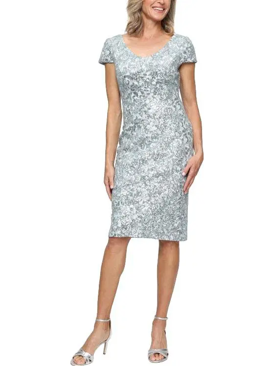 Alex Evenings Corded Lace Sheath Cocktail Dress - Ice Sage