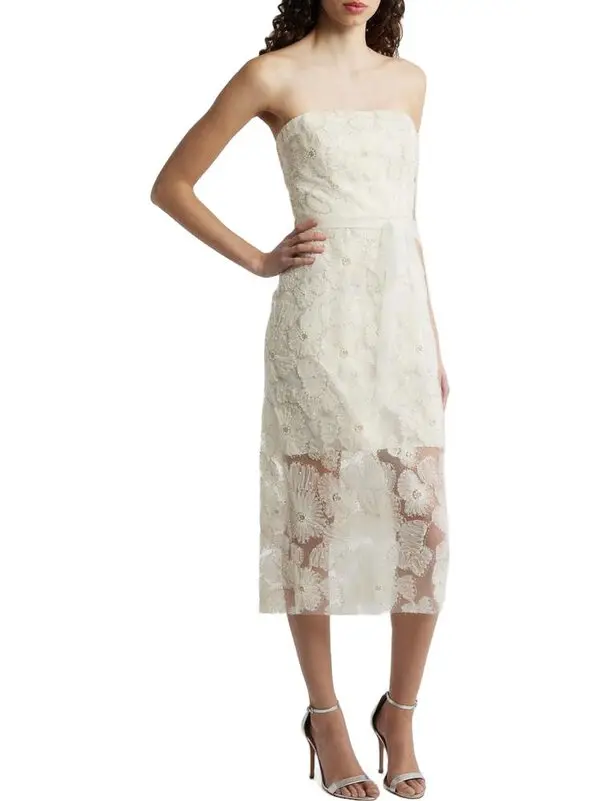 Sam Edelman Beaded Floral Appliqué Strapless Dress - Ivory