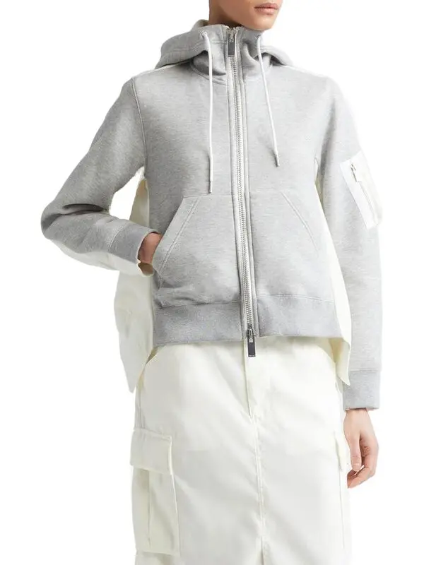 Sacai Sponge Sweat X Nylon Twill Full-zip Hoodie - Light Gray/off White