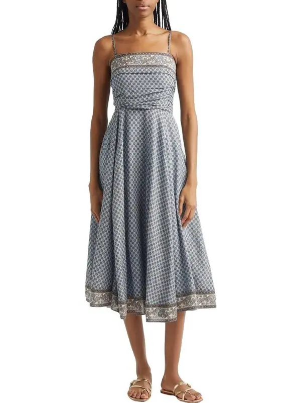Veronica Beard Lana Ruched Medallion & Paisley Print Midi Dress - Blue Jay Multi