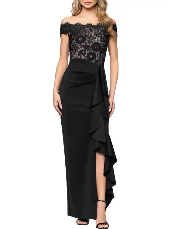 Betsy & Adam Lace And Scuba Knit Off-the-shoulder Gown - Black/nude