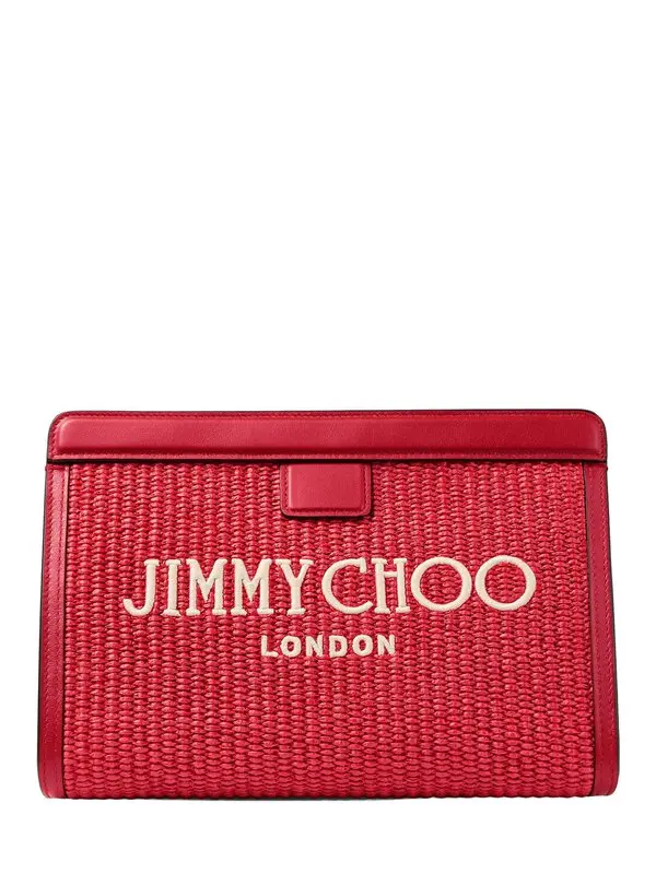 JIMMY CHOO Avenue London Embroidered Raffia And Leather Pouch - Ruby Red/light Gold