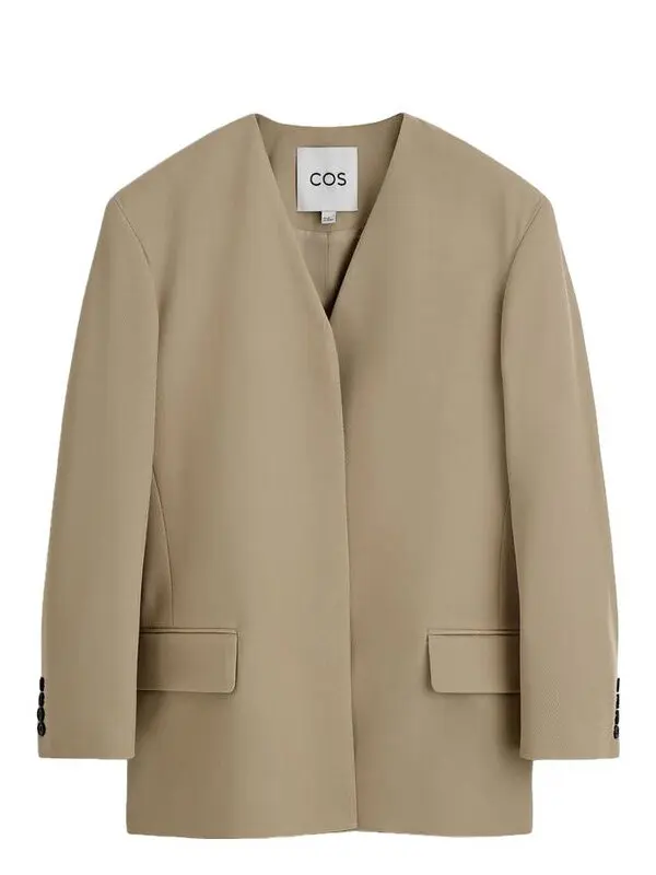 Cos Collarless Wool-twill Blazer - Beige