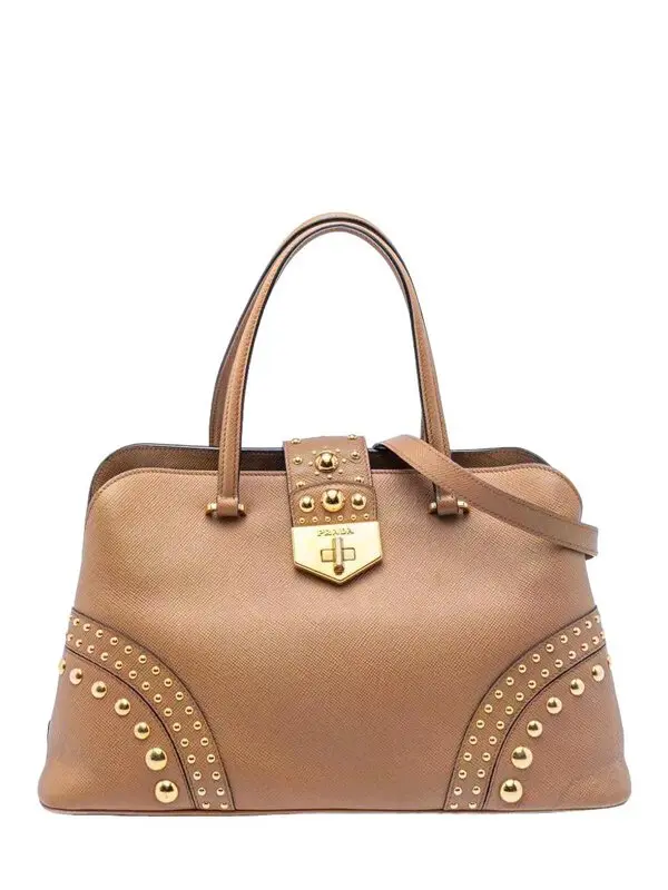 Prada Studded Saffiano Cuir Promenade Satchel - Brown