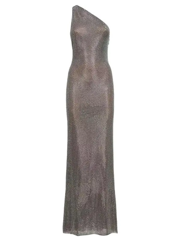 SELF-PORTRAIT Rhinestone One-shoulder Maxi Dress - Silver