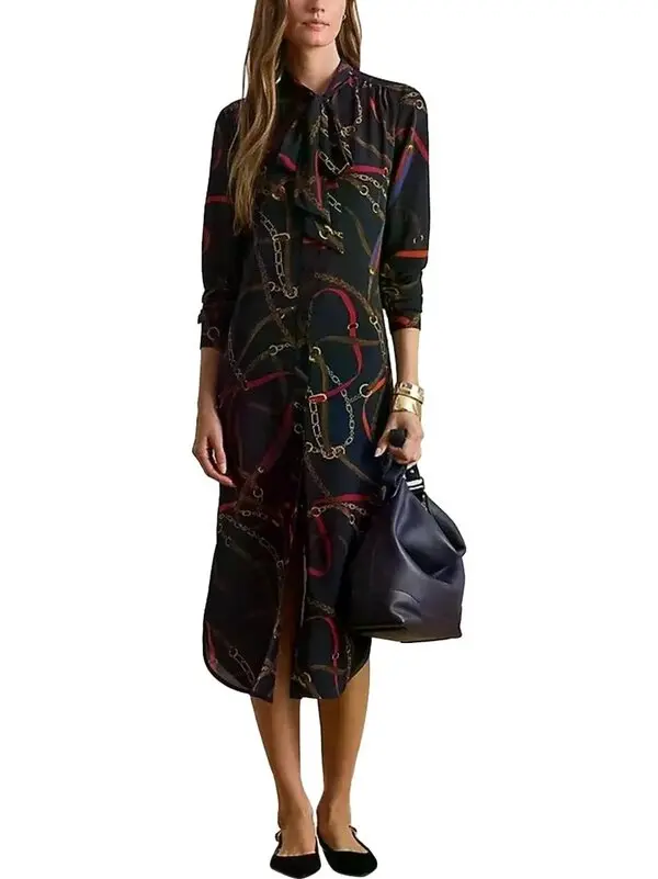 Ralph Lauren Chain Print Tie Neck Midi Dress - Blue