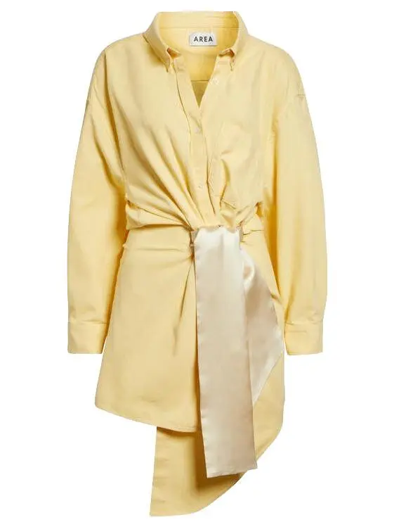 AREA Satin Knot Long Sleeve Cotton Oxford Shirtdress - Light Yellow