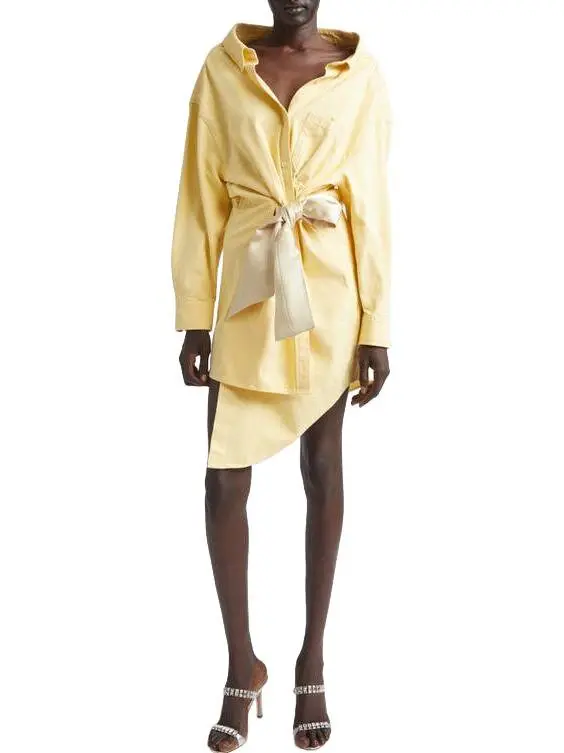 AREA Satin Knot Long Sleeve Cotton Oxford Shirtdress - Light Yellow