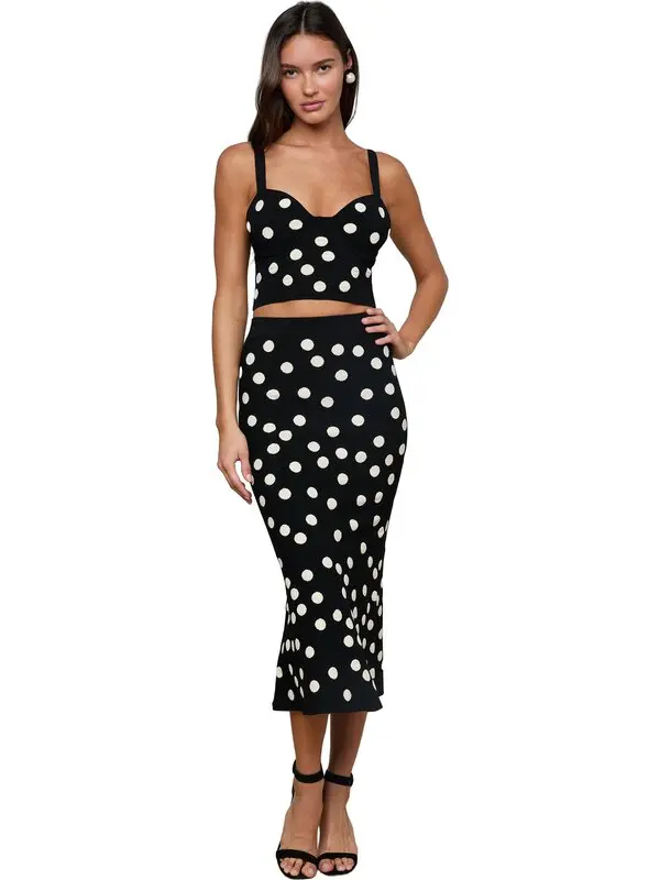 L'Agence Mae Knit Flare Skirt - Black/ecru Polka Dot