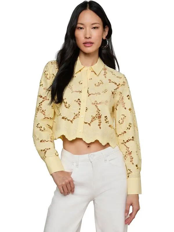 L'Agence Seychelle Cropped Eyelet Blouse Top - Lemon Sorbet