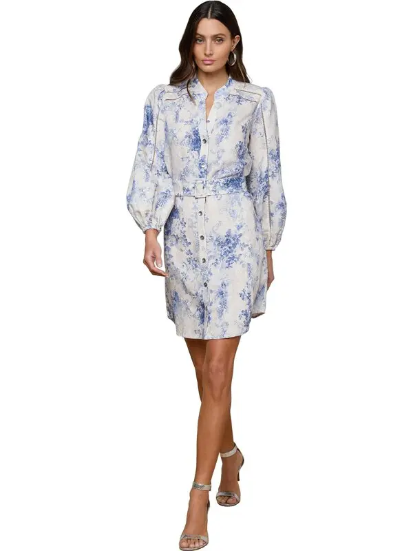 L'Agence Kiersten Linen-blend Dress - Ivory/blue Watercolor Lace Paisley