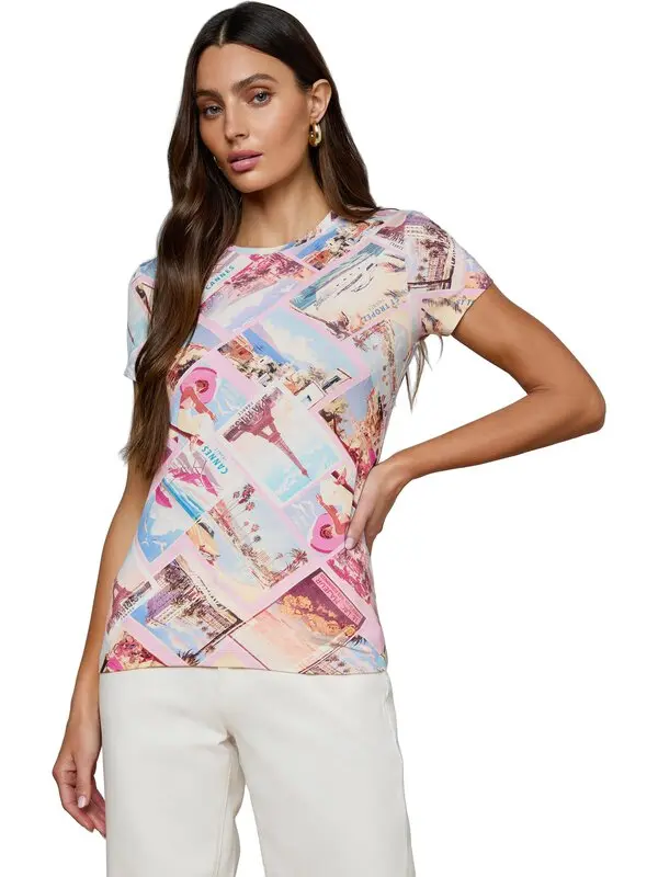 L'Agence Ressi Fitted T-shirt - Light Pink Multi Postcard Print