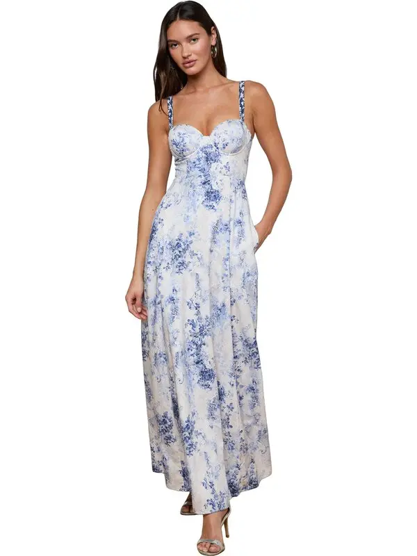 L'Agence Sutton Beaded Strap Gown - Ivory/blue Watercolor Lace Paisley