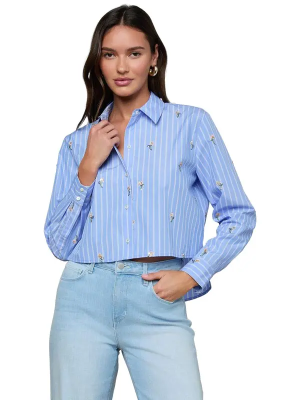L'Agence Cosette Sequined Shirt - Blue Stripe/sequin Flower