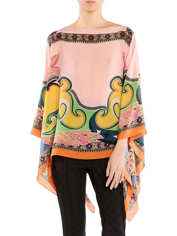 Etro Printed Silk Poncho Top - Printed Pink