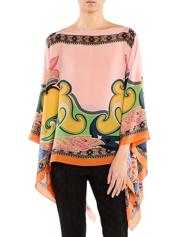 Etro Printed Silk Poncho Top - Printed Pink