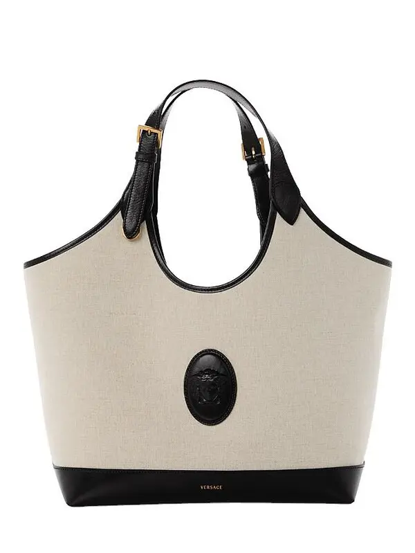 Versace Fabric & Leather Large Tote - Beige/black