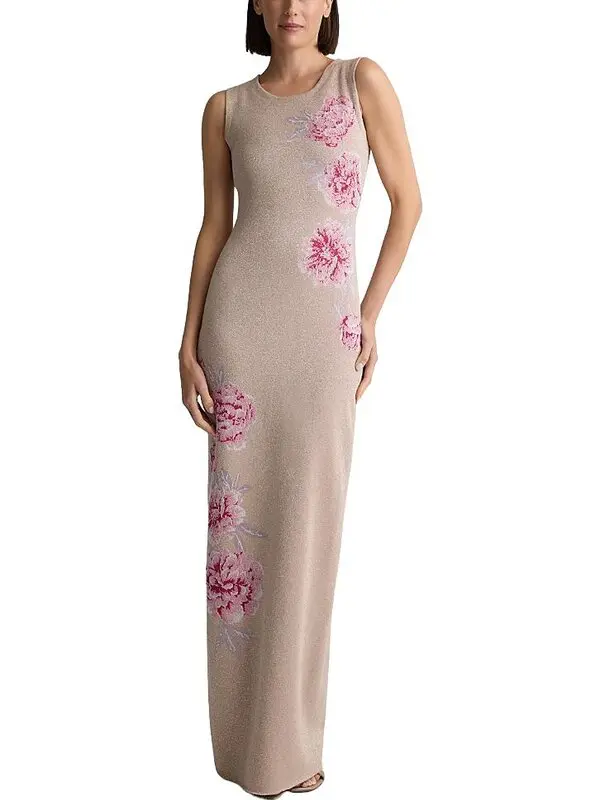 St. John Metallic Peony Jacquard Knit Gown - Peony Metallic Multi