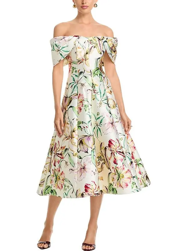 Eliza J Off The Shoulder Floral Midi Flare Dress - Ivory Multi