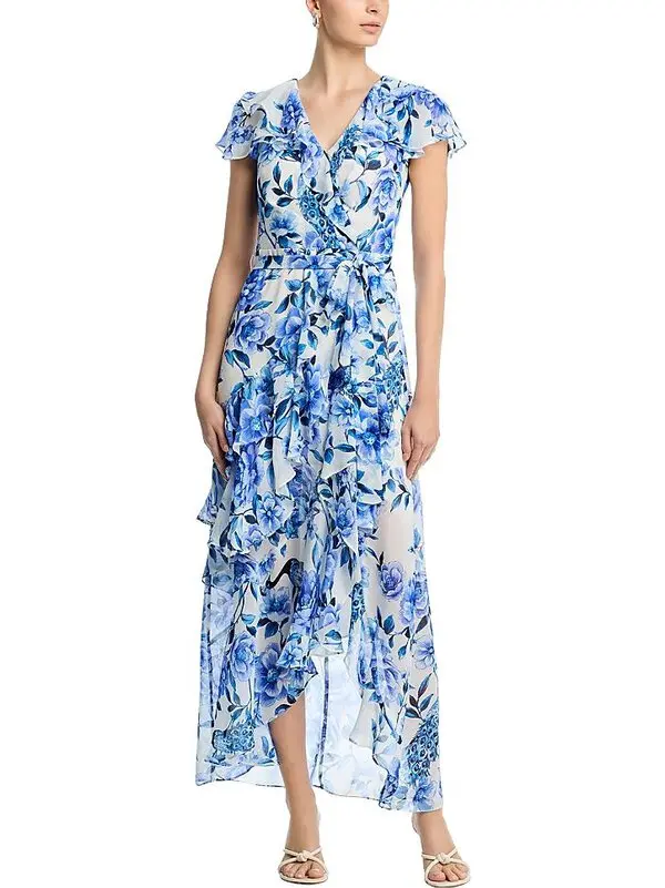 Eliza J Asymmetrical Ruffle Maxi Dress - Ivory Blue
