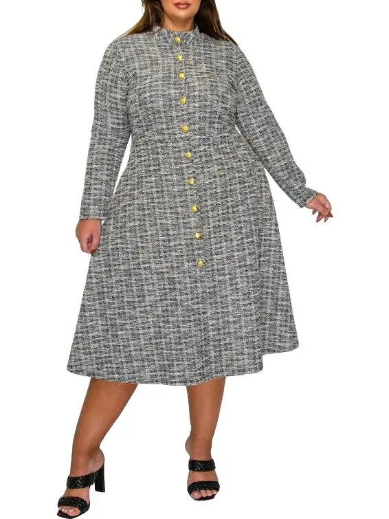 L I V D Long Sleeve Tweed Midi Dress - Black