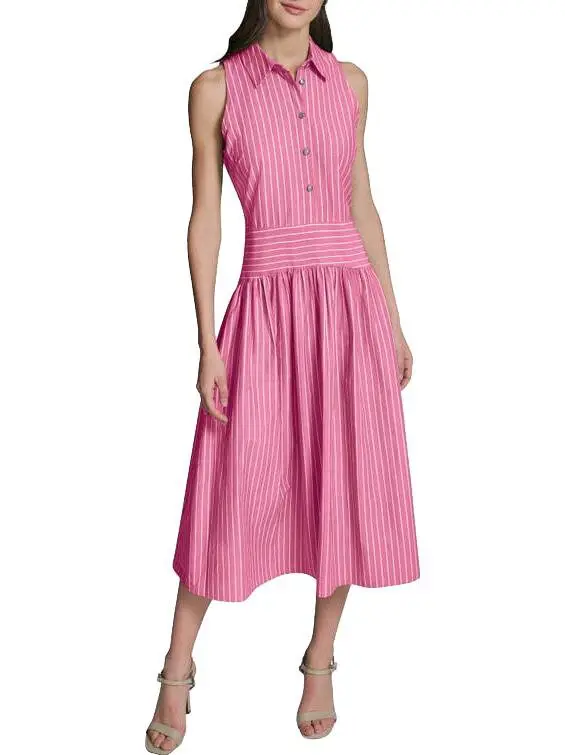 Karl Lagerfeld Stripe Sleeveless Cotton Blend Midi Shirt Dress - Fuchsia Soft White