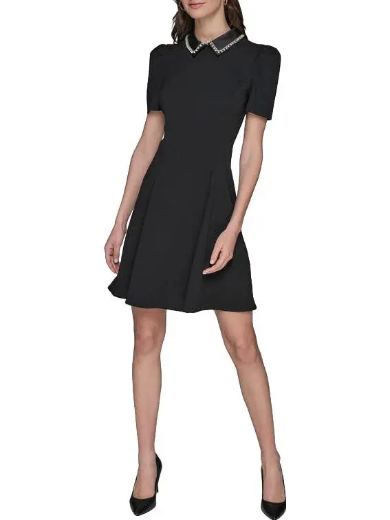 Karl Lagerfeld Paris Faux Pearl Detail Crepe Fit & Flare Minidress - Black