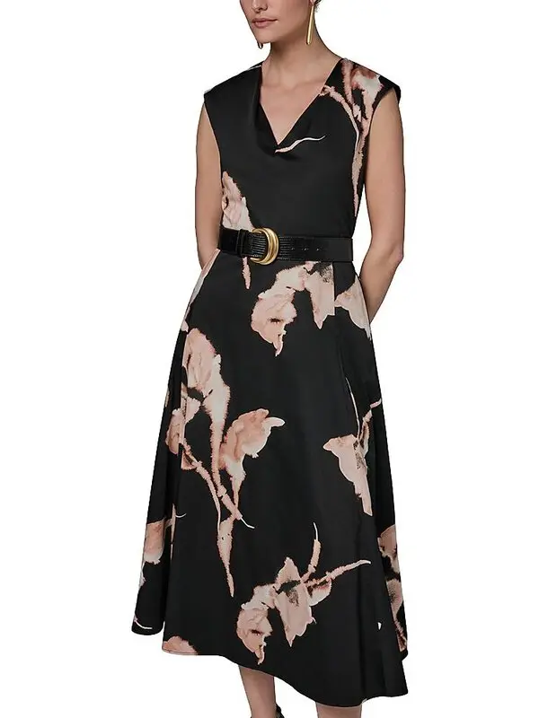 Donna Karan New York Cotton Sateen Floral Midi Dress - Black Multi