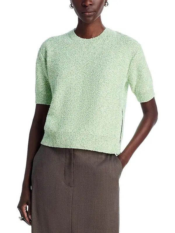 Theory Cropped Tweed Short Sleeve Sweater - Green Multi