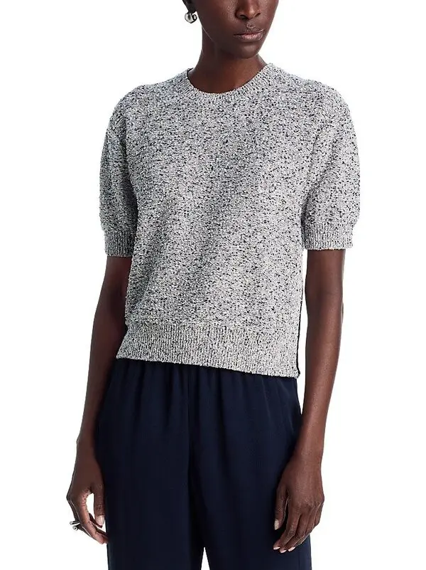 Theory Cropped Tweed Short Sleeve Sweater - Navy Multi
