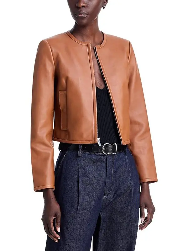 Theory Collarless Cropped Leather Jacket - Burnt Cognac