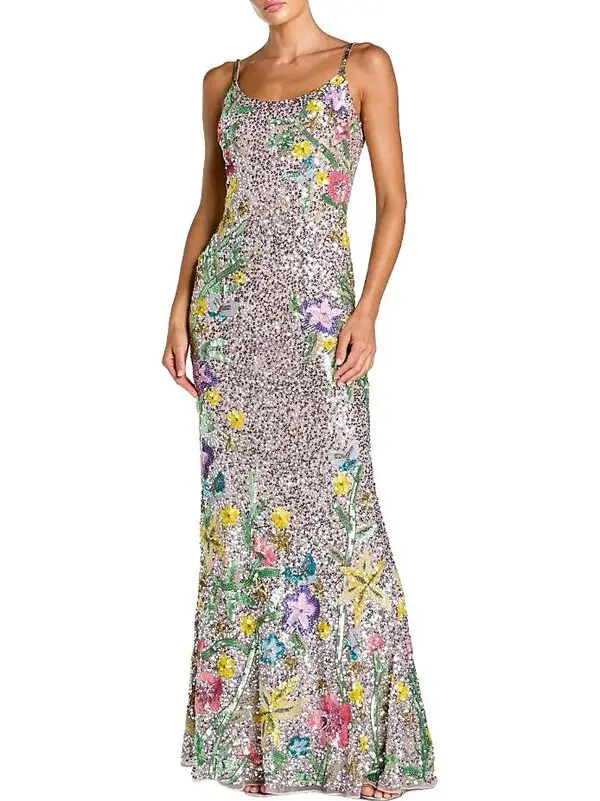 Mac Duggal Embellished Sleeveless Cowl Back Gown - Silver Multi