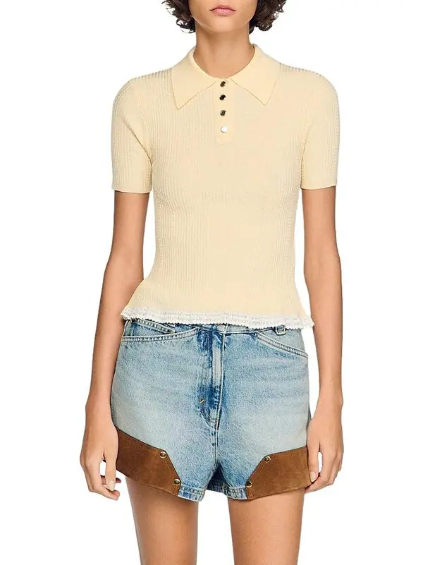 Sandro Ribbed Knit Polo Shirt - Vanilla