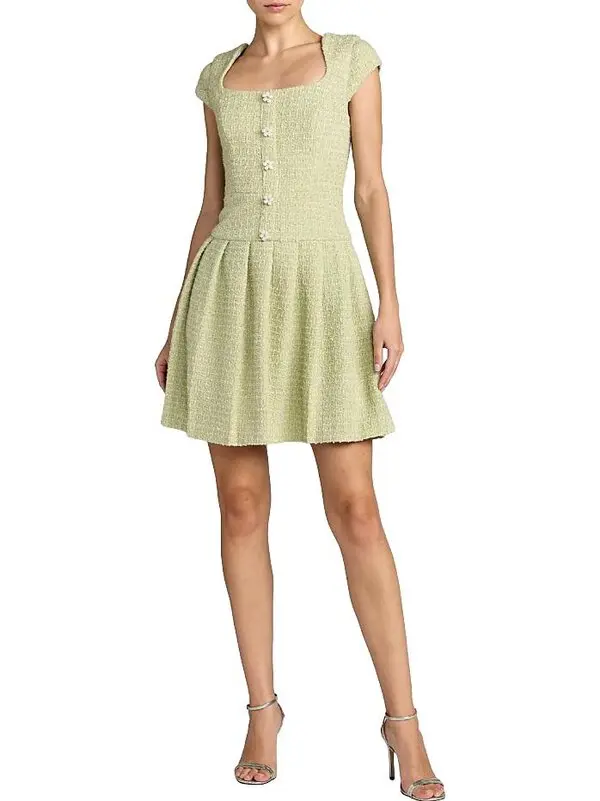 Mac Duggal Boucle Cap Sleeve Pleated Skirt Mini Dress - Sage