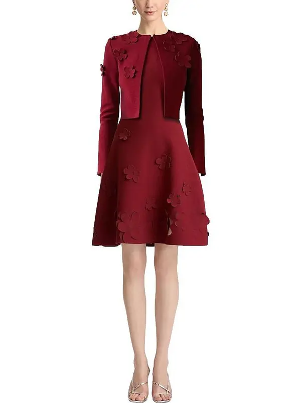 Oscar De La Renta Crewneck Cropped Floral Jacket - Wine