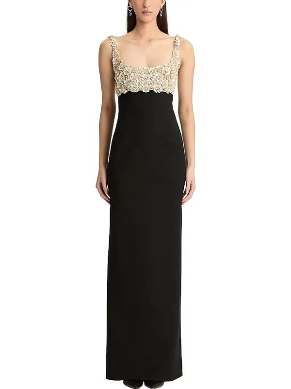 Oscar De La Renta Sleeveless Mother Of Pearl Embroidered Bustier Gown - Black