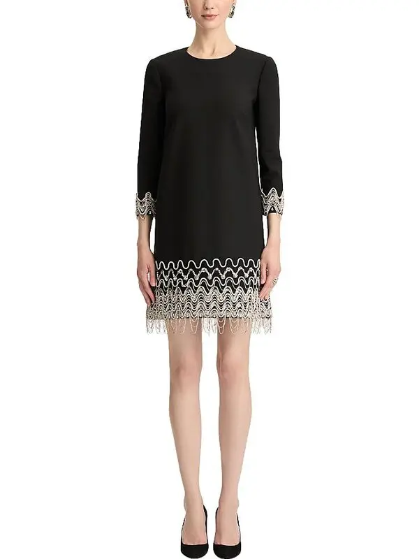 Oscar De La Renta Long Sleeve Cocktail Dress With Wave Embroidery - Black