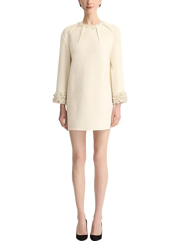 Oscar De La Renta Faux Pearl Embroidered Tweed Cocktail Dress - Ivory
