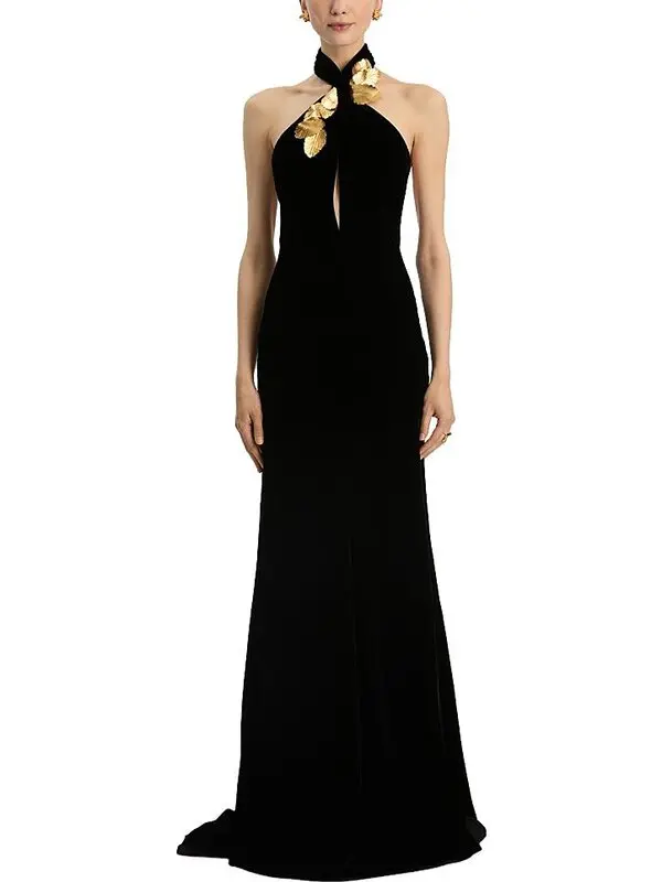 Oscar De La Renta Halter Neck Velvet Gown With Gold Leaf Embroidery - Black