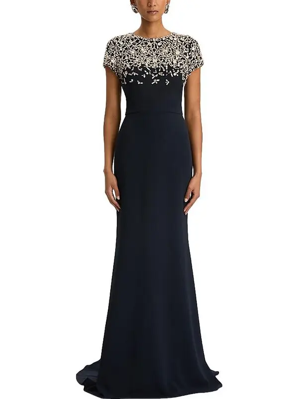 Oscar De La Renta Cap Sleeve Crystal Embroidered Gown - Navy