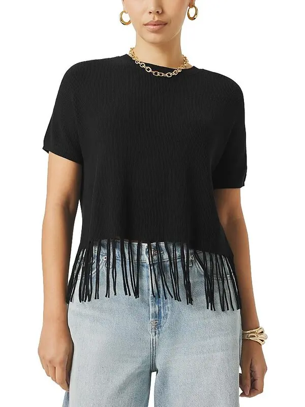 Splendid Short Sleeve Fringe Sweater - Black