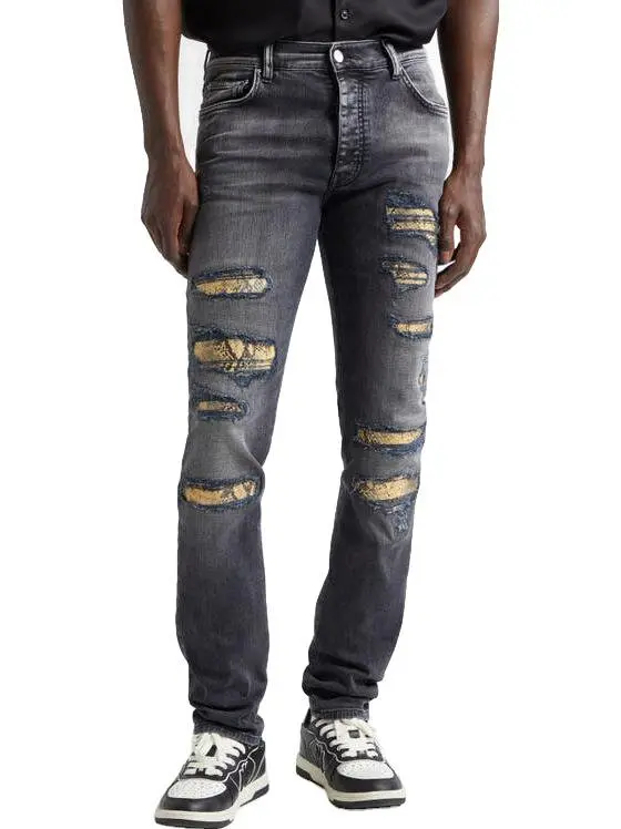 Amiri Snake Thrasher Ripped And Repaired Skinny Jeans - Storm Black