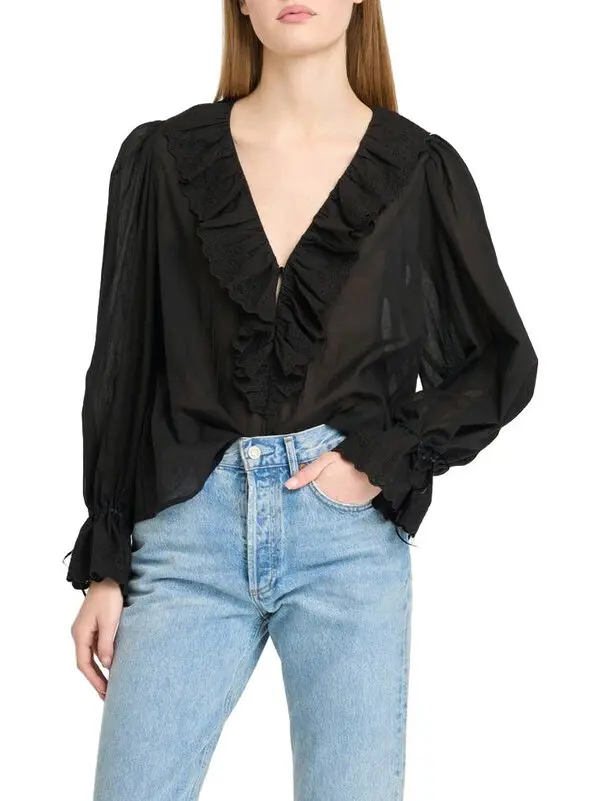WAYF Helena Eyelet Ruffle Cotton Lawn Top - Black